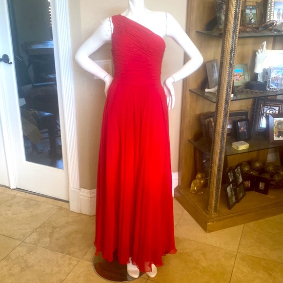 H by Halston | Dresses | Halston Red Gathered Ruched One Shoulder Gown ...
